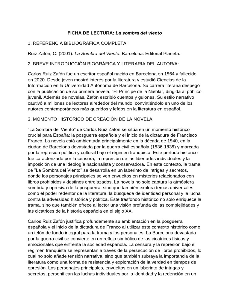 Ficha de lectura La sombra del viento | PDF