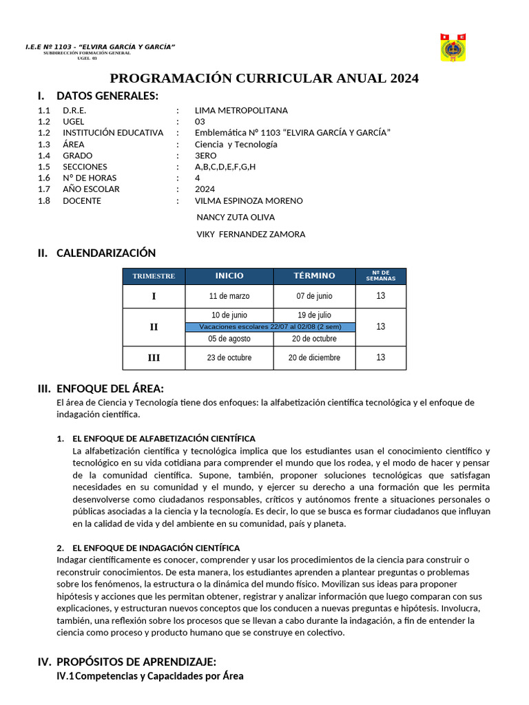 Programación Curricular Anual 2024 - 3ero | PDF