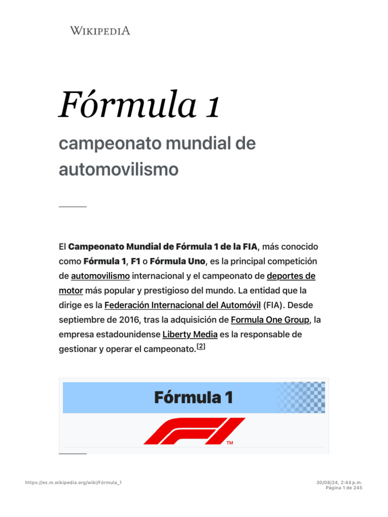Fórmula 1 - Wikipedia, La Enciclopedia Libre | PDF