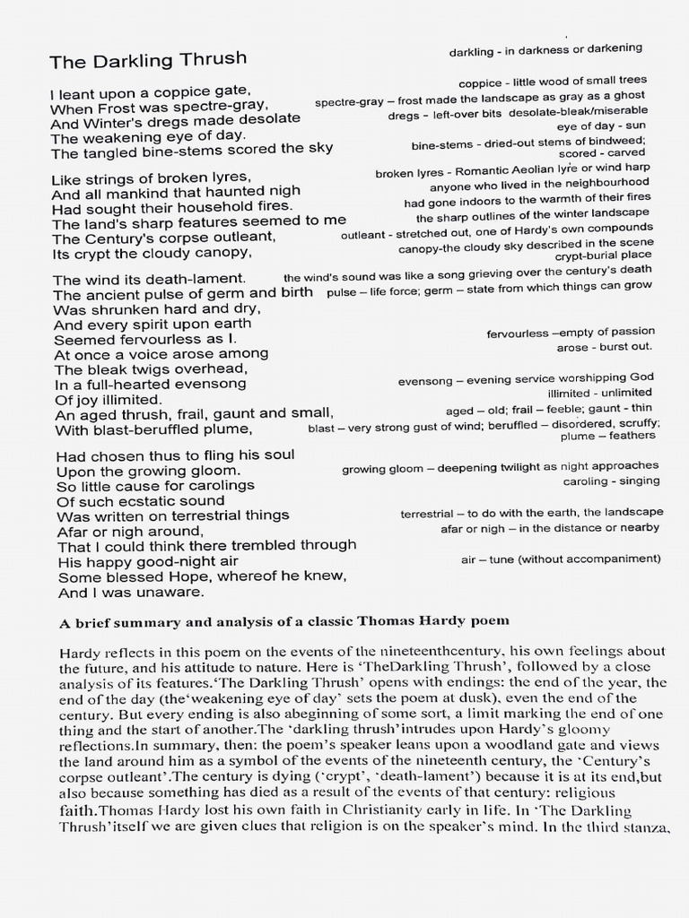 Analysis of Thomas Hardy's "The Darkling Thrush" | PDF | Poetry
