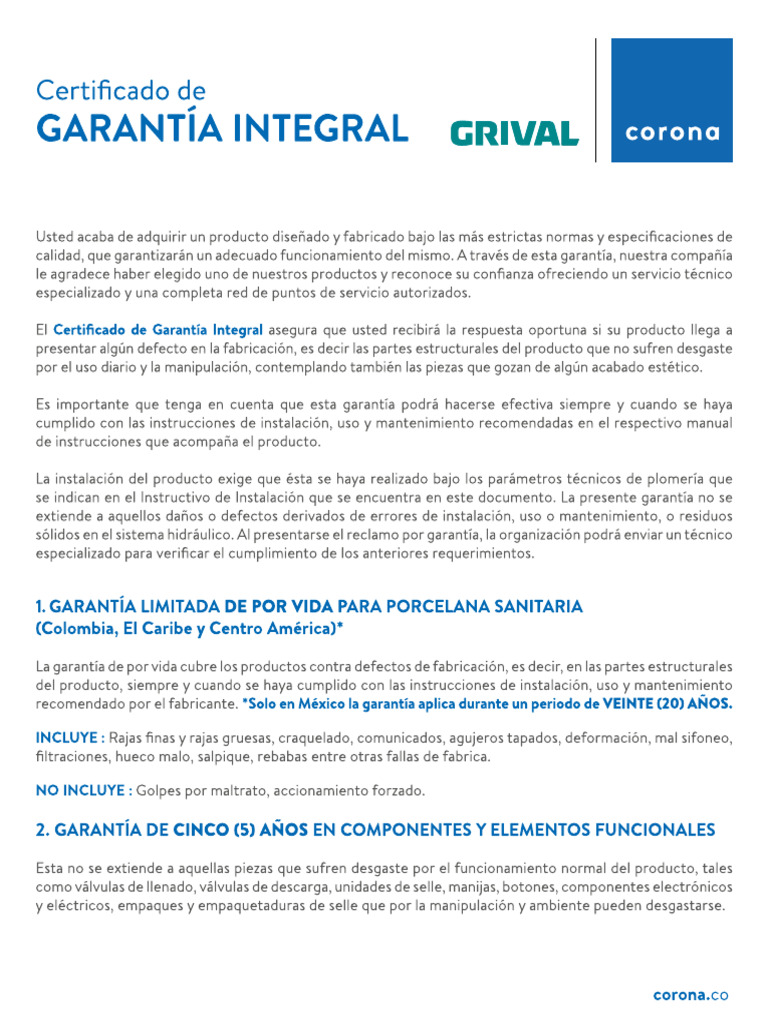 Certificado de Garanti A Integral Grival Corona | PDF
