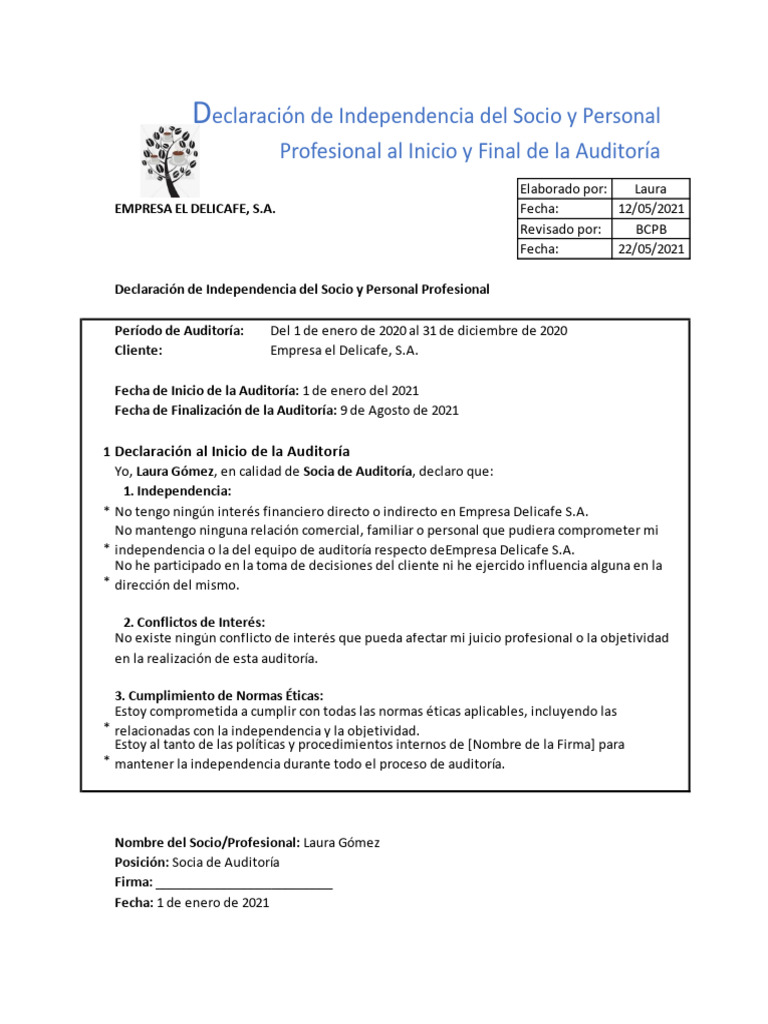 NIA 220-Declaración de Independencia Del Socio y Personal Profesional Al Inicio y Final de La ...