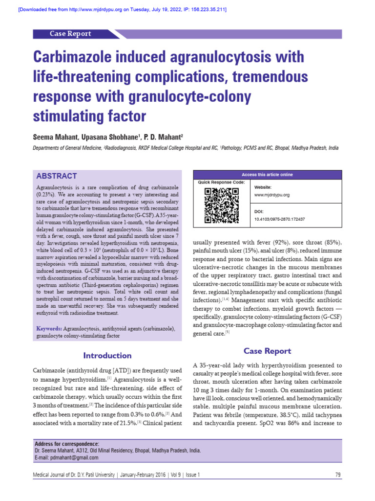 Agranulocytosis With Carbimazole | PDF
