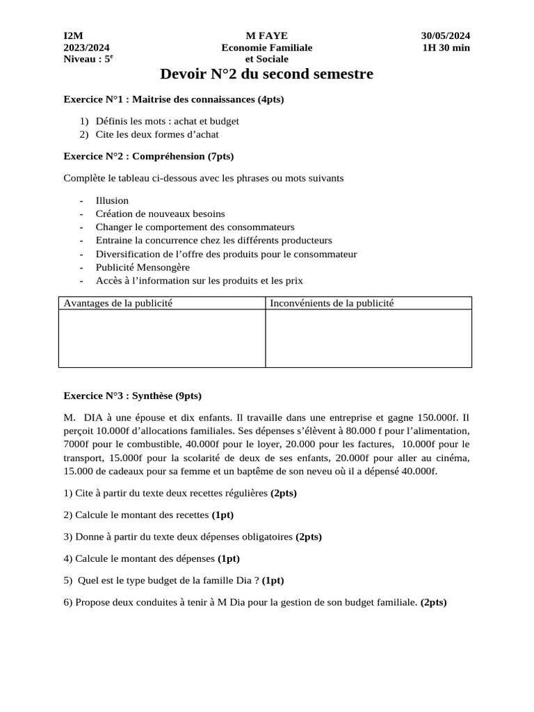 Devoir N 2 Du 2nd Semestre 5ème I2M - 112414 | PDF