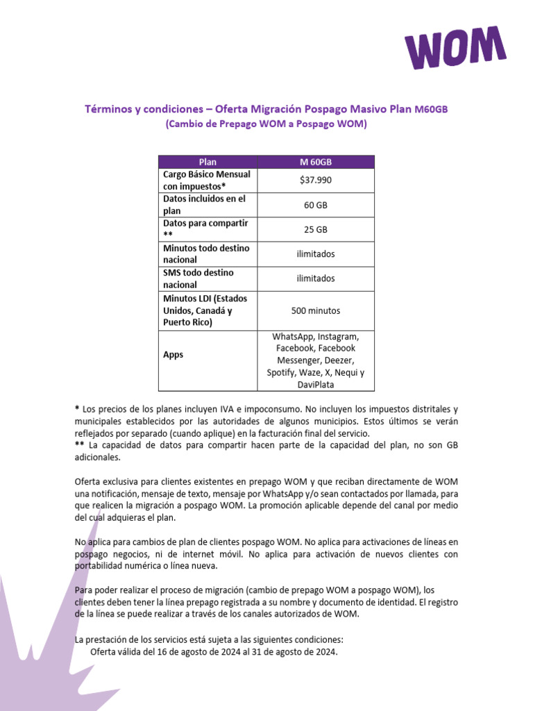 16-08 T Rminos y Condiciones Migraci N Prepago A Pospago - Oferta Plan M60GB | PDF
