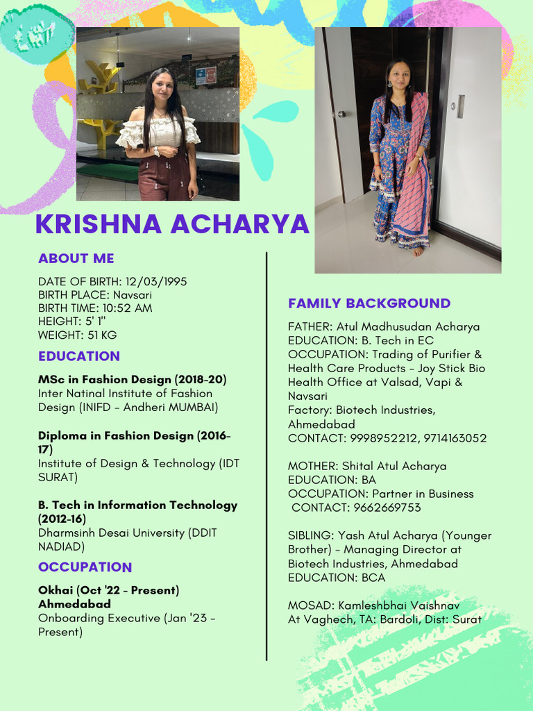 Bio Data - Krishna Acharya G-1995 Ahmedabad | PDF