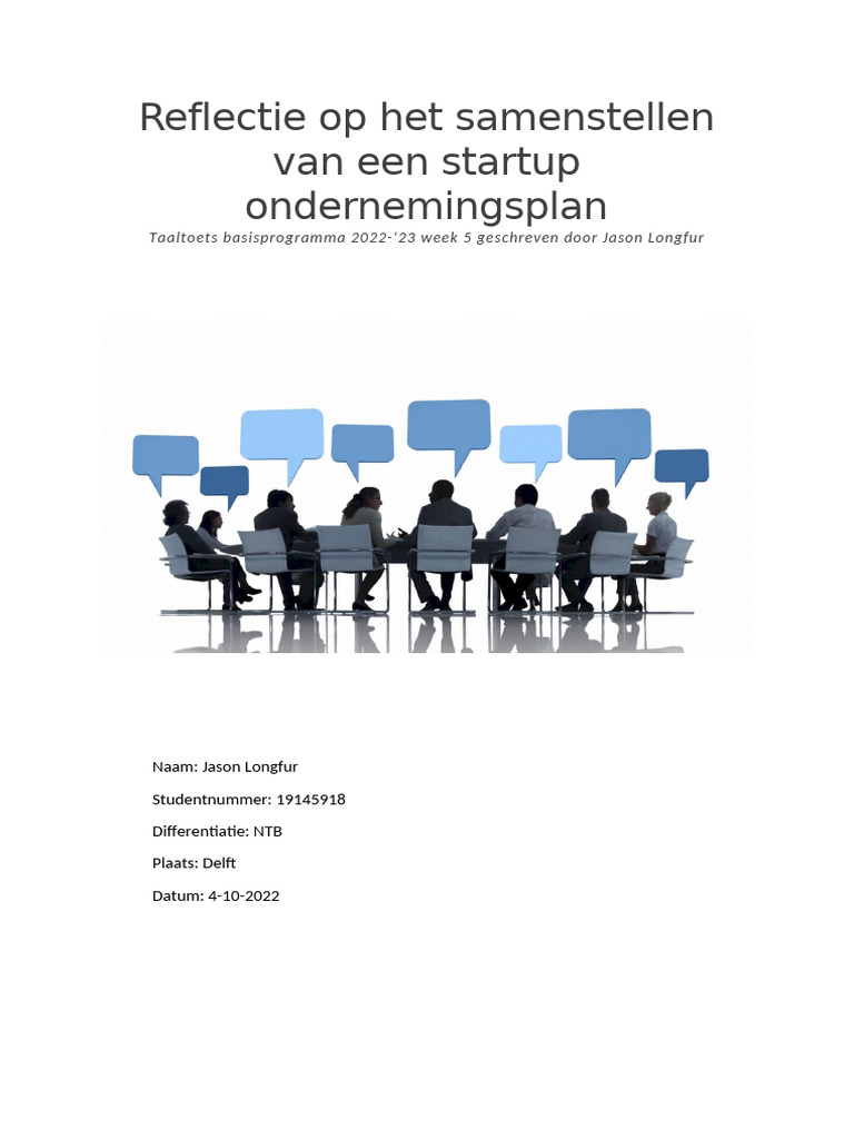 Reflectie Op Het Samenstellen Van Een Startup Ondernemingsplan Van ...