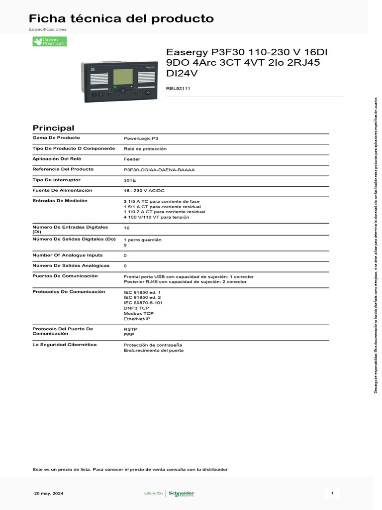 Schneider Electric Relé de Protección PowerLogic P3 REL52111 | PDF