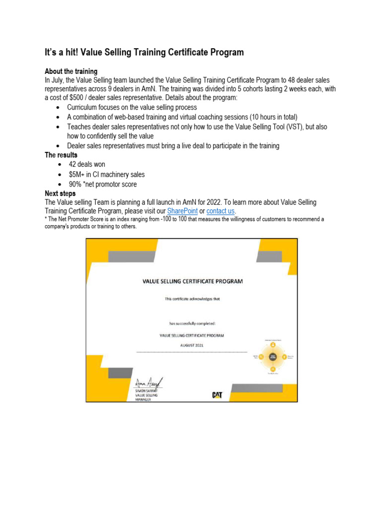 It's A Hit! Value Selling Training Certificate Program | PDF