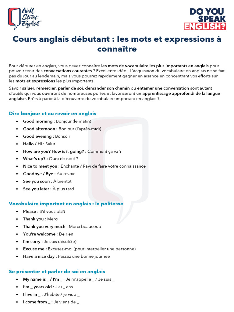 Vocabulaire essentiel pour débutants en anglais | PDF | Guichet ...