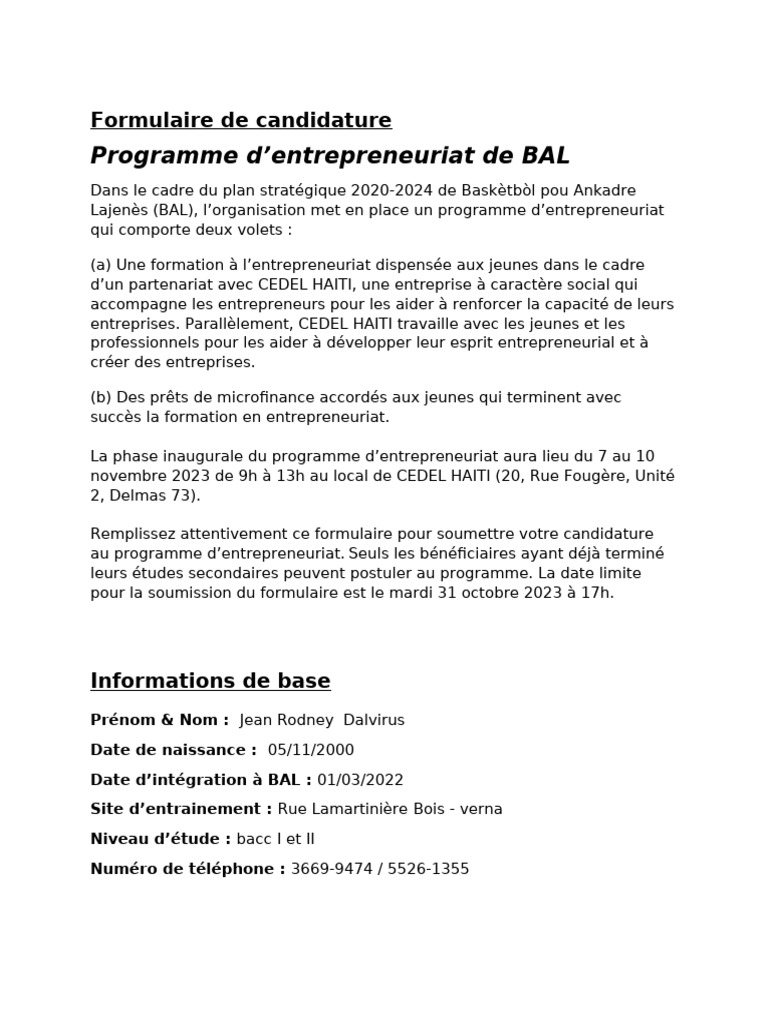 Formulaire de Candidature Pour Le Programme D'entrepreneuriat | PDF