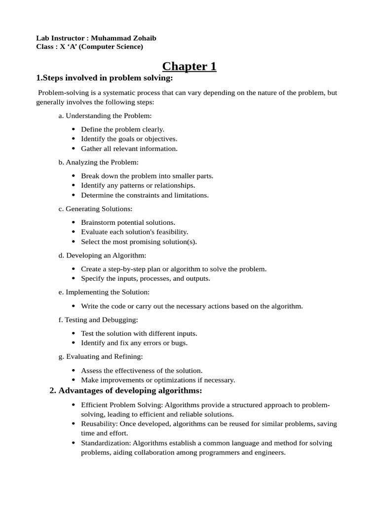1.steps Involved in Problem Solving:: Lab Instructor: Muhammad Zohaib Class: X A' (Computer ...