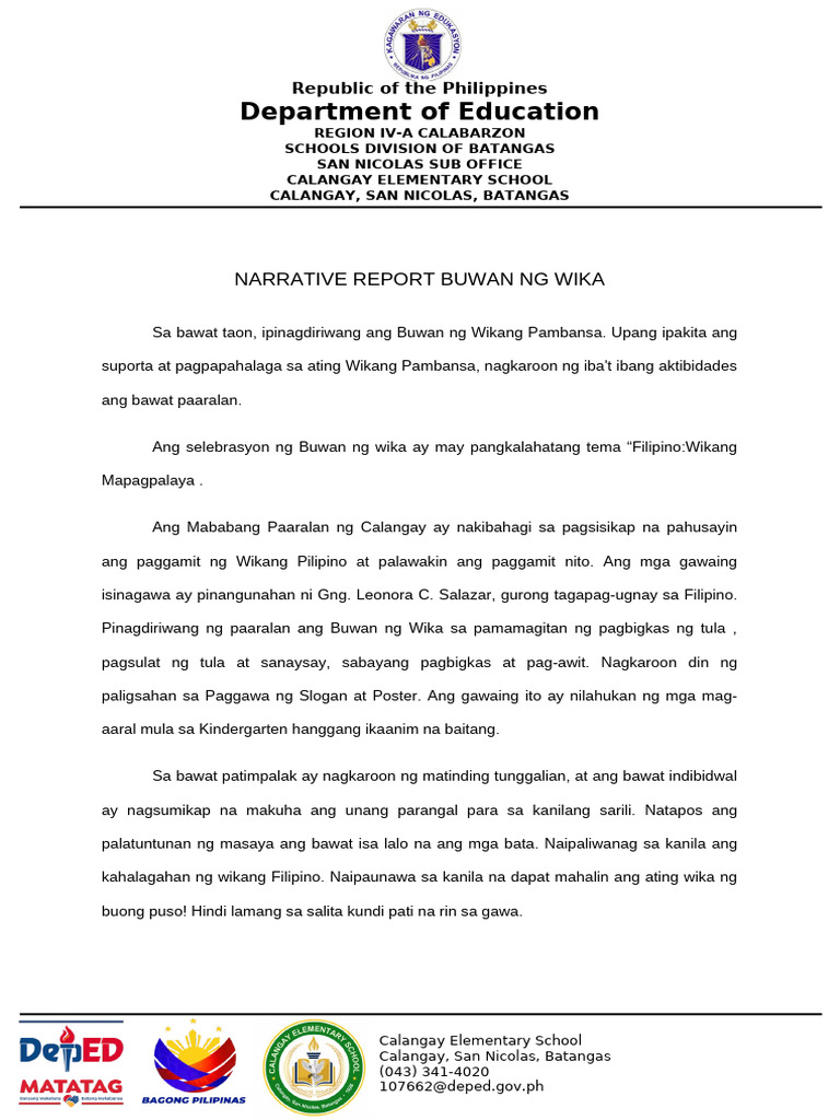 Narrative Report Calangay ES Buwan NG Wika | PDF