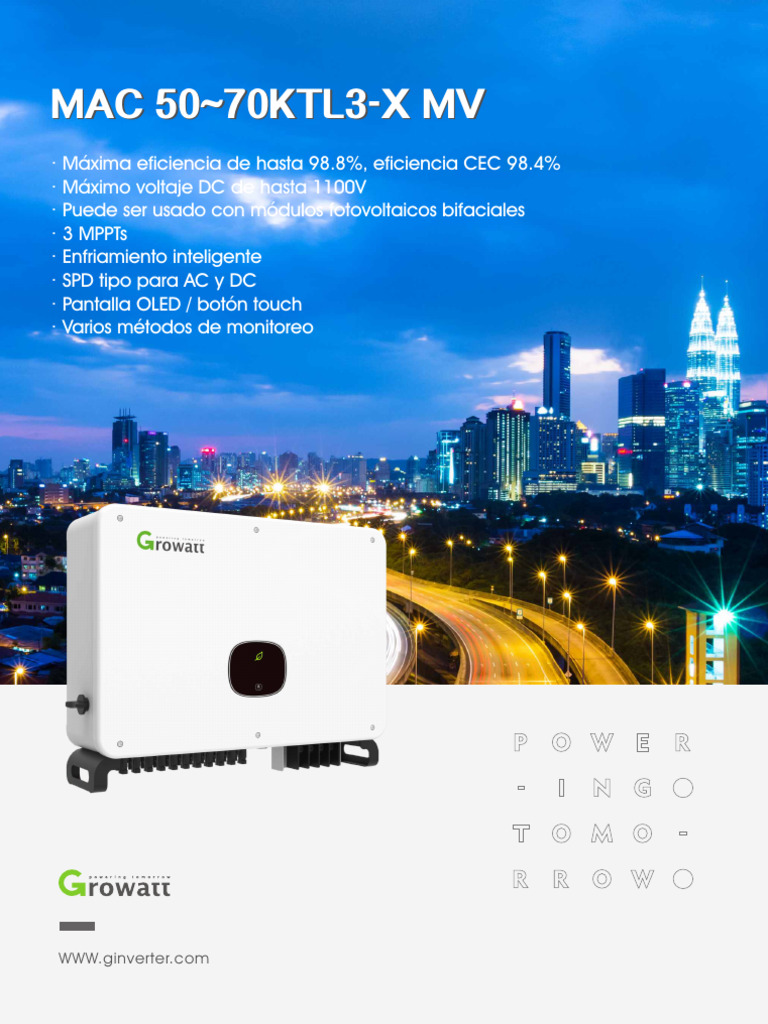 Ficha Tecnica Inversor Growatt Mac 70KTL3-X-MV 480V Trifasico Ul Ieee ...