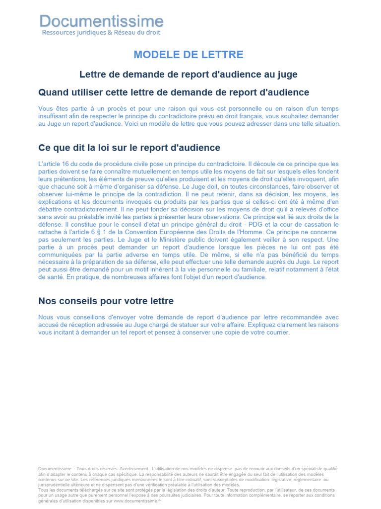Lettre de Demande de Report D Audience Au Juge 3431 | PDF