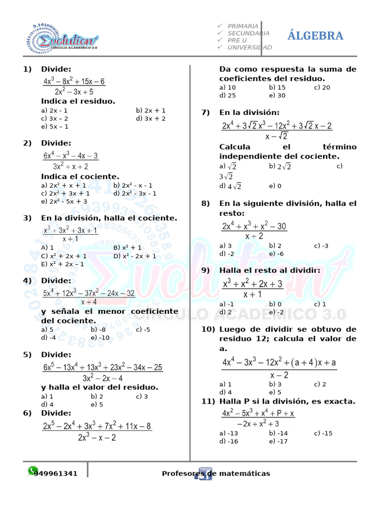 Álgeebra - Ficha 07 | PDF | División (Matemáticas) | Matemáticas