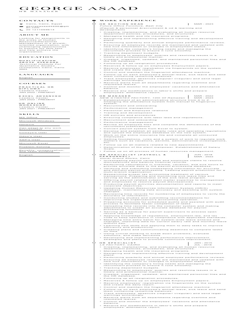 HR Manager Resume - George Asaad | PDF | Payroll | Human Resources