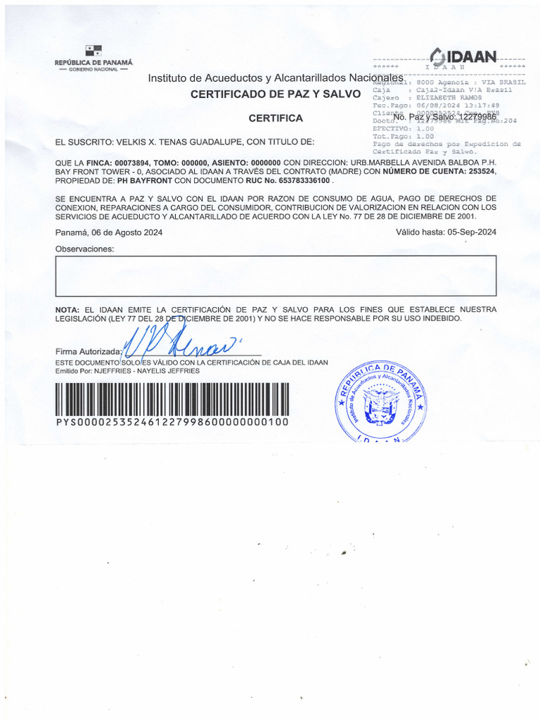 4 Paz y Salvo Idaan Titanium 5 Sept 2024 | PDF