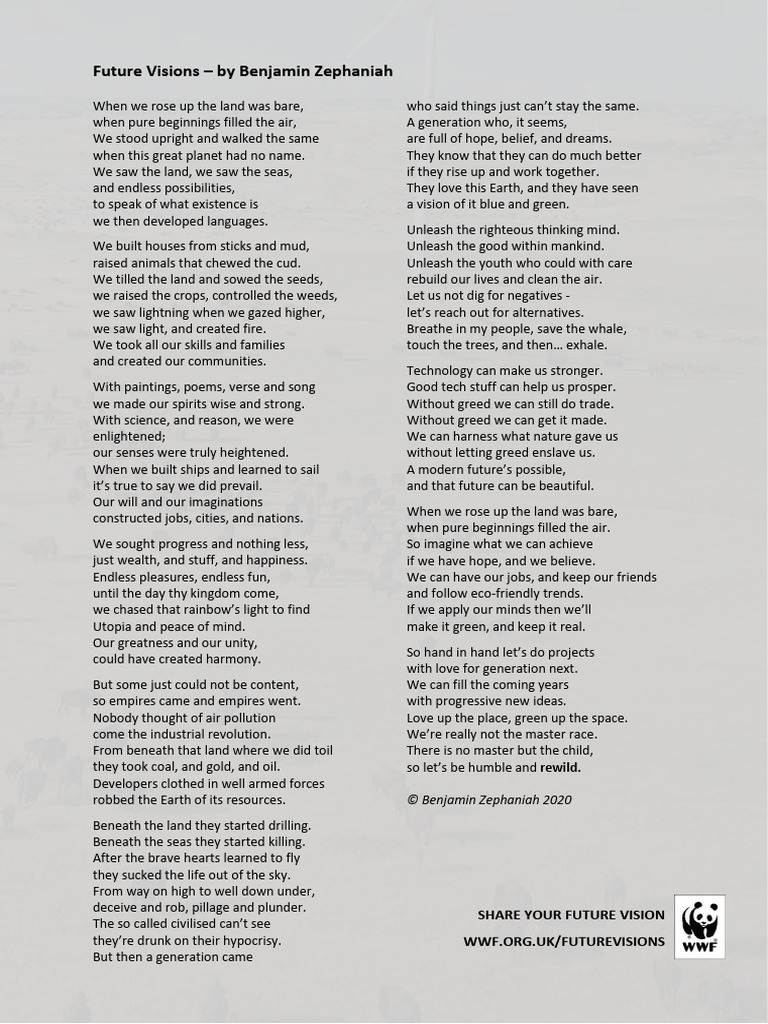 Benjamin Zephaniah-Future Vision Poem | PDF