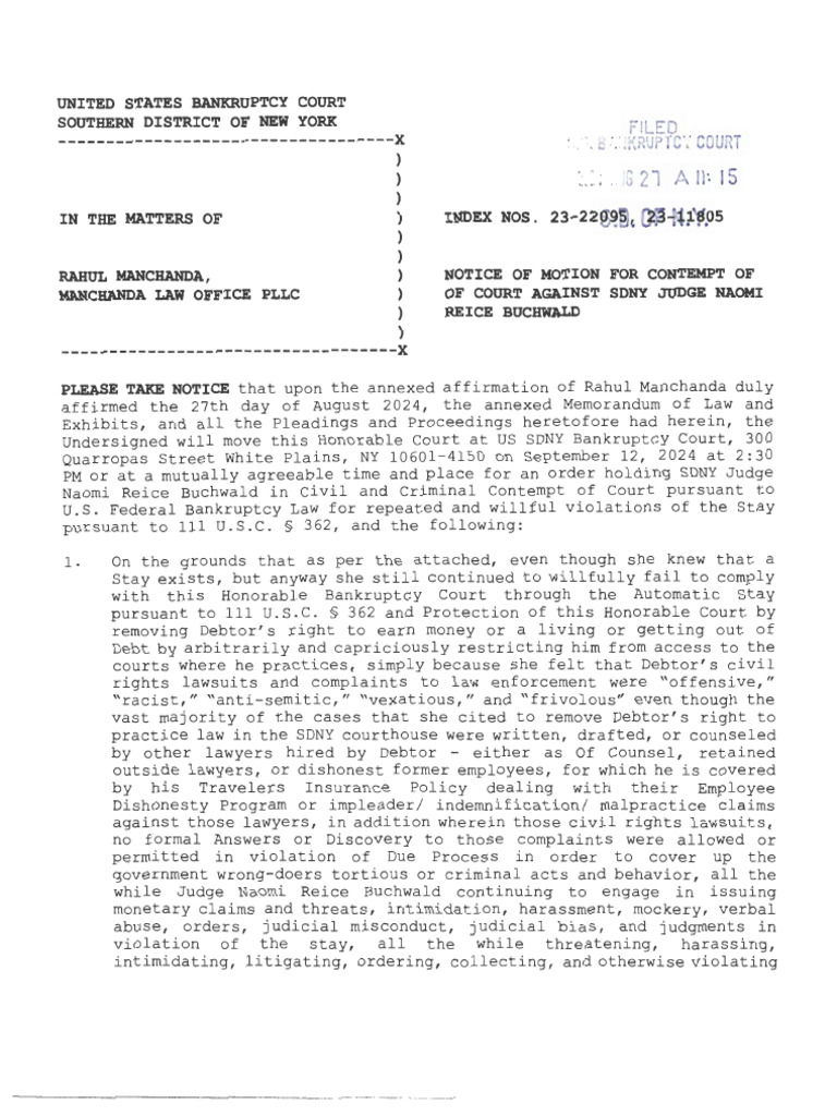 Notice of Motion For Contempt of Court Against SDNY Judge Naomi Reice ...