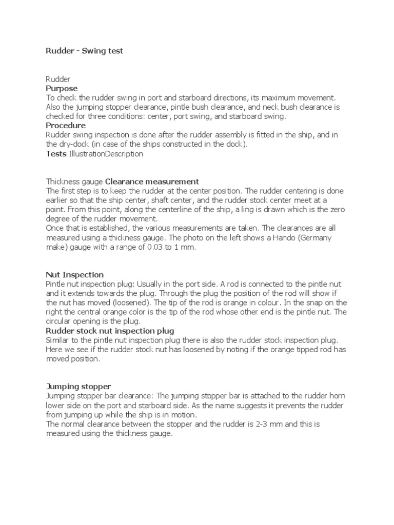 Rudder Swing and Clearance Inspection | PDF | Rudder | Ships