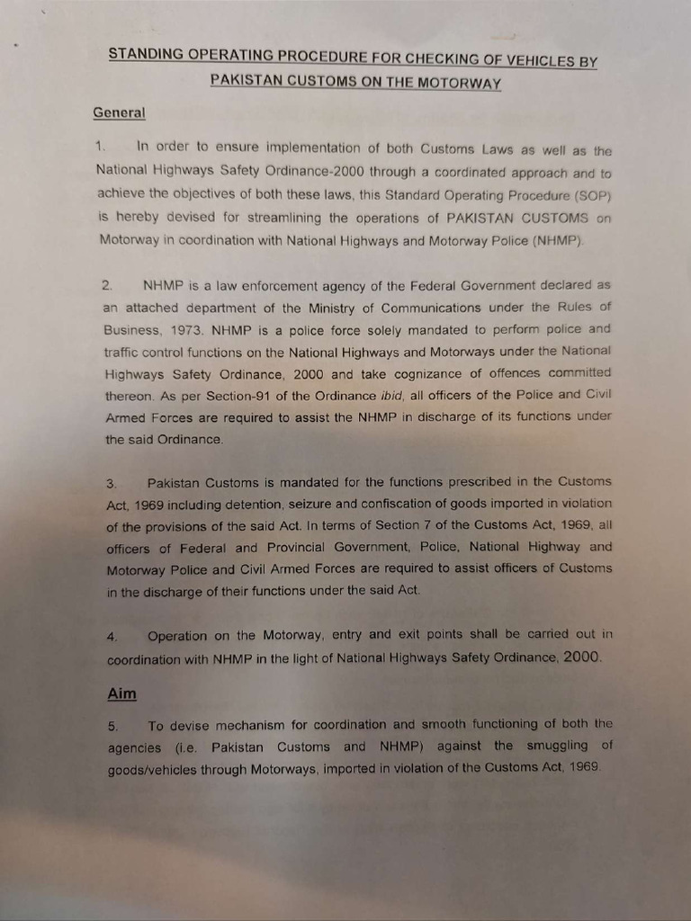 SOP Pakistan Customs and NHMP | PDF