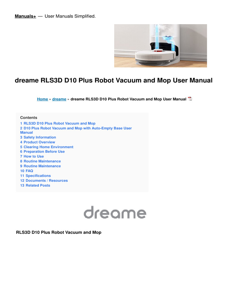 Dreame RLS3D D10 Plus User Manual | PDF | Robot | Robotics