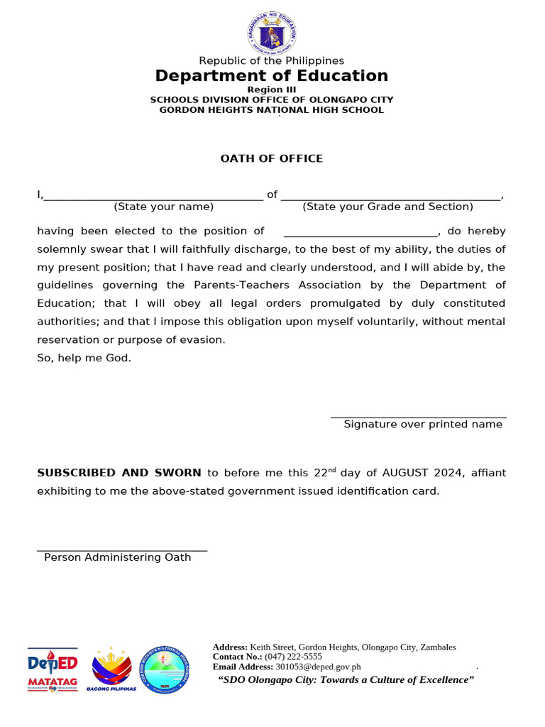 Oath of Office Pta 2024 | PDF