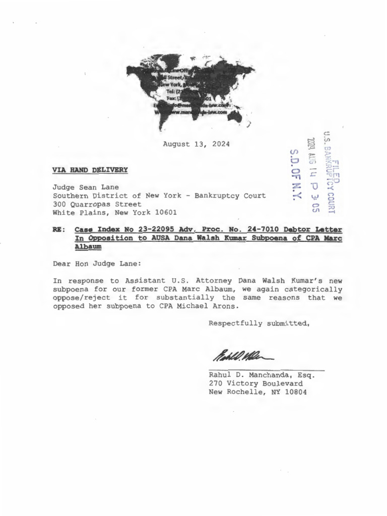 Debtor Letter in Opposition To AUSA Dana Walsh Kumar Subpoena of CPA ...