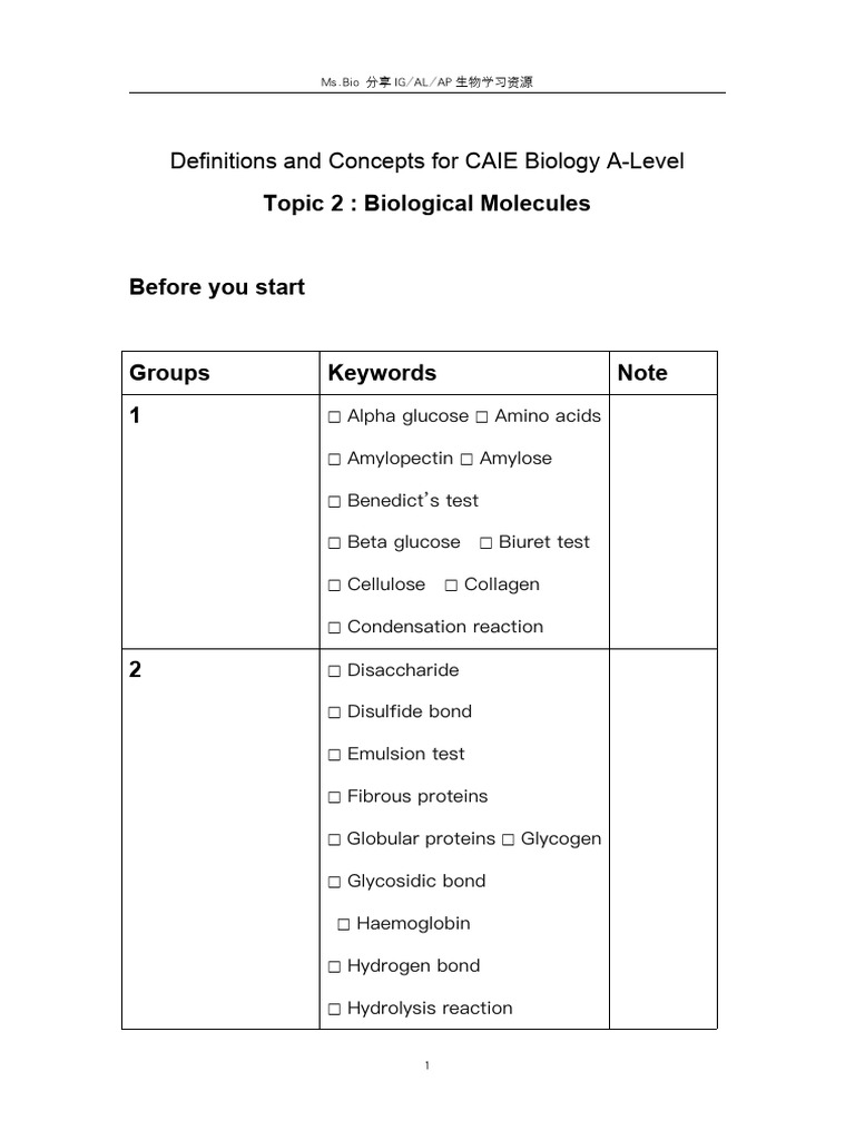 Topic 2 Biological Molecules Pdf