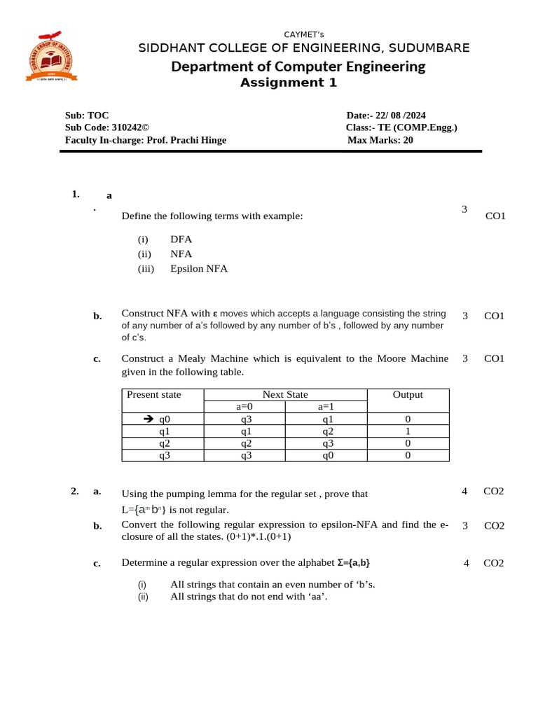 TOC Assignment 1 QP | PDF