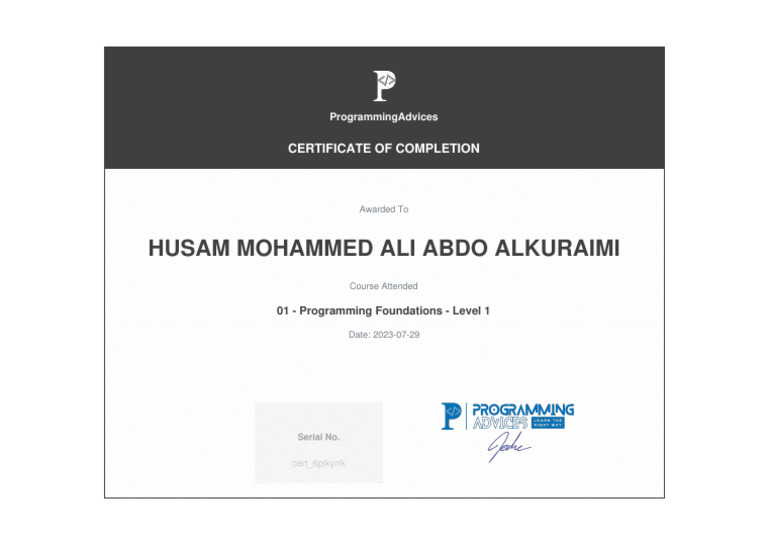 Certificate of Completion for Programming Foundations Level 1 | PDF Certificate of Completion for Programming Foundations Level 1 | PDF