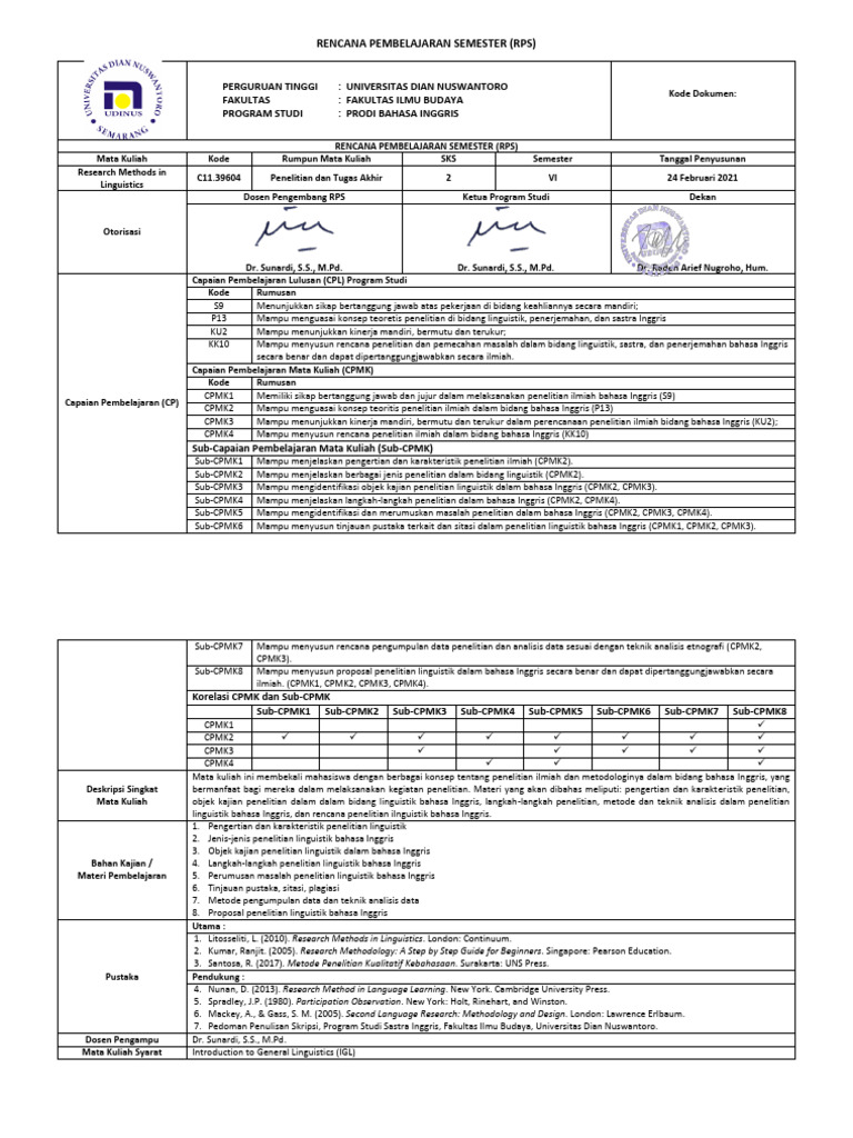 Sunardi RPS-Research Method in Linguistics | PDF