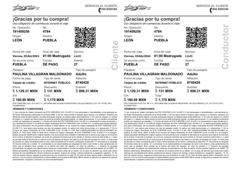 Formato de Ticket de Viaje ETN | PDF