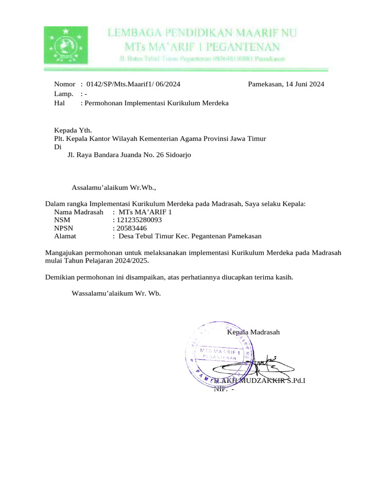 CONTOH Surat Permohonan Ikm MTs 2024 | PDF