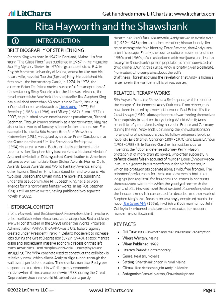 Rita Hayworth and The Shawshank Redemption LitChart | PDF | Stephen ...