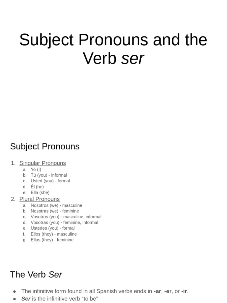 V. Subject Pronouns and The Verb - Ser | PDF