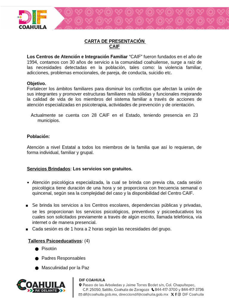 Carta de Presentacion Servicios de Caif | PDF