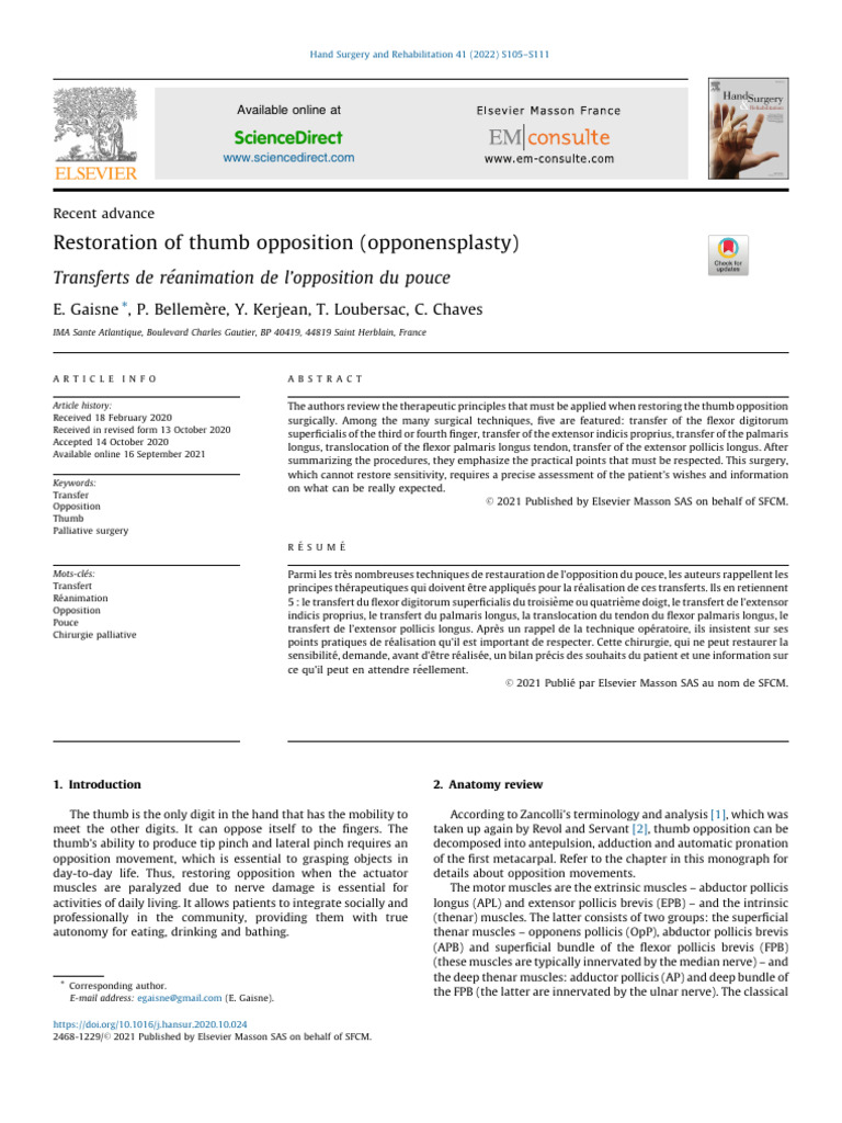 Restoration of Thumb Opposition Opponensplasty | PDF | Thumb | Hand