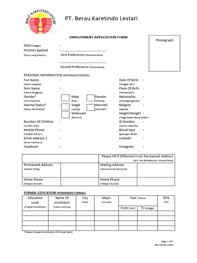 Application Form - PT BKL | PDF