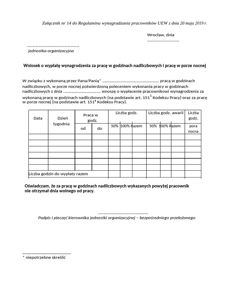 Wniosek o Wyplate Wynagrodzenia Za Nadgodziny I Pore Nocna | PDF