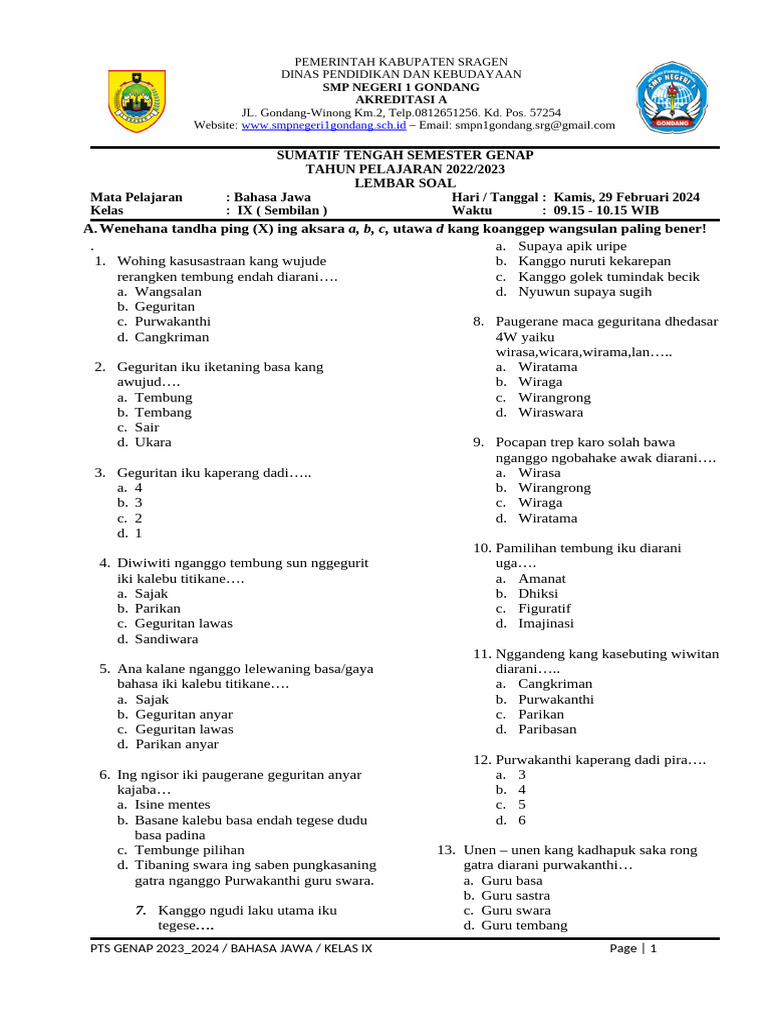 Soal PTS 2 Bahasa Jawa KLS 9 2023 | PDF | Java