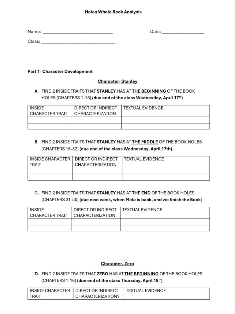 Holes - Book Analysis - 6th Grade ELA | PDF