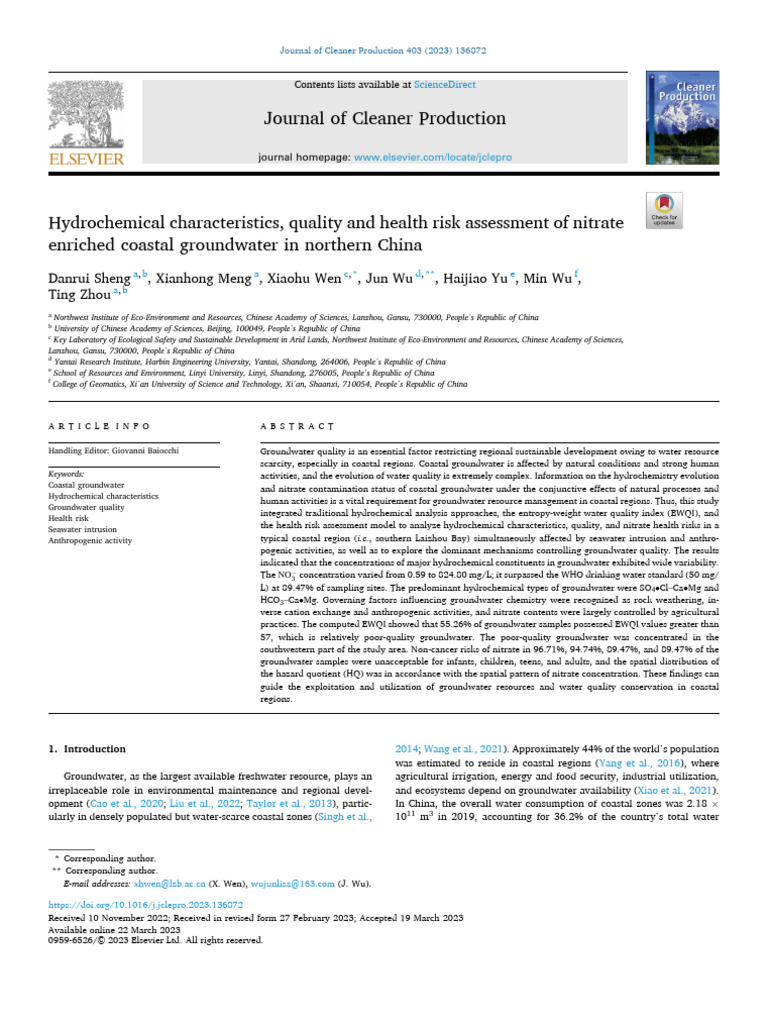 (J. Cleaner P) Hydrochemical Characteristics, Quality, and Health Risk ...