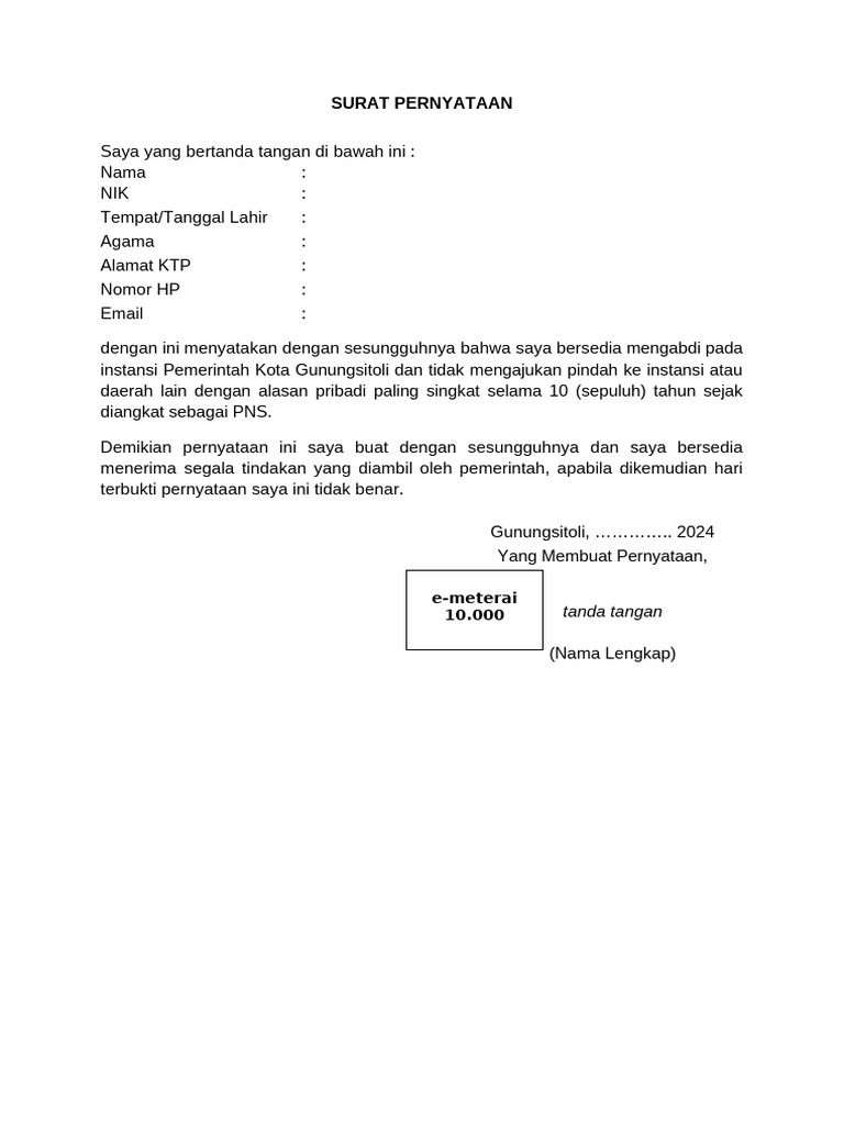 Format Surat Pernyataan Bersedia Mengabdi 10 Tahun | PDF