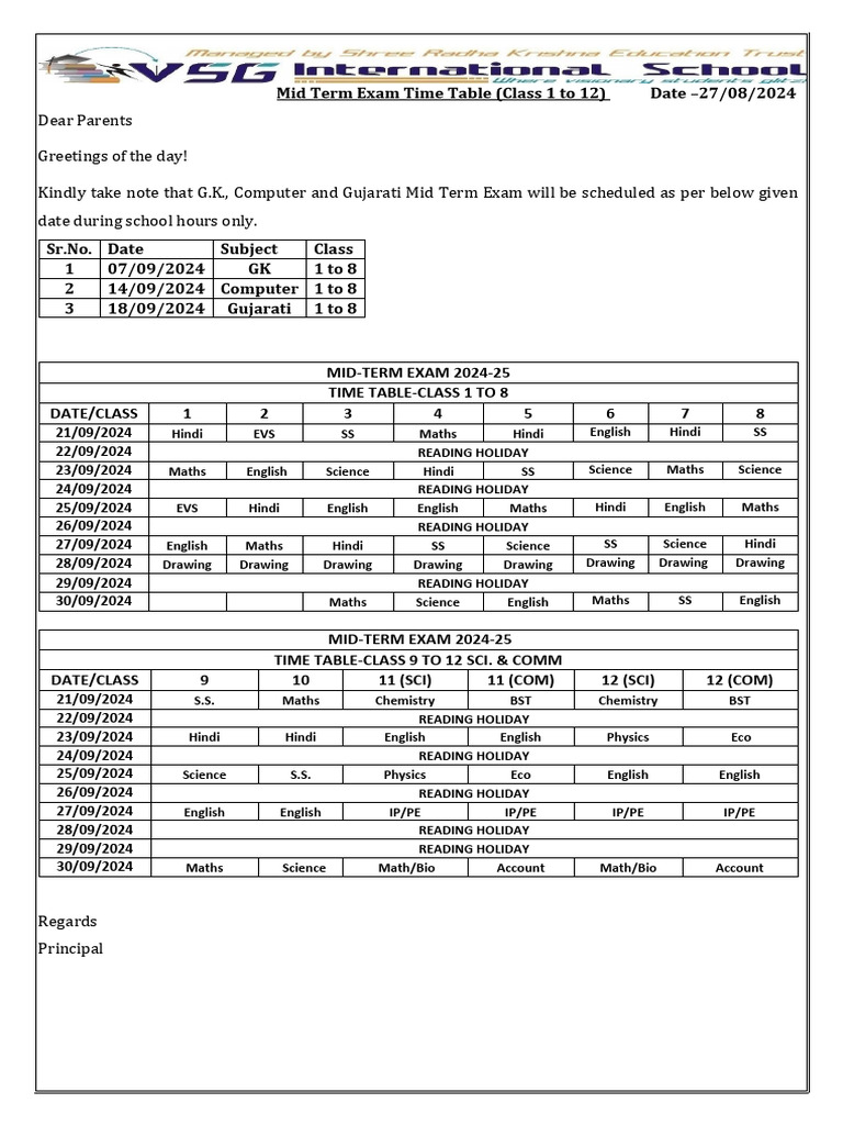 Mid Term Exam Time Table | PDF