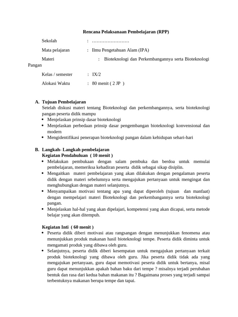 RPP Pertemuan 1 (BIOTEKNOLOGI) | PDF