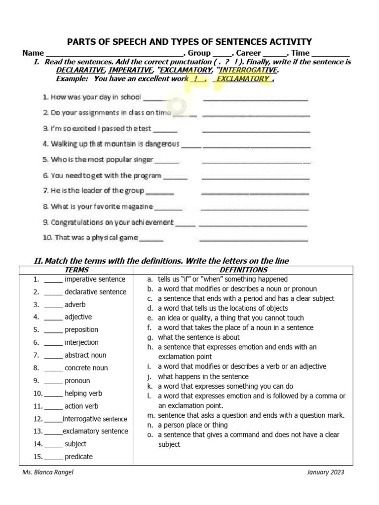 1 Parts of Speech and Types of Sentences Activity | PDF