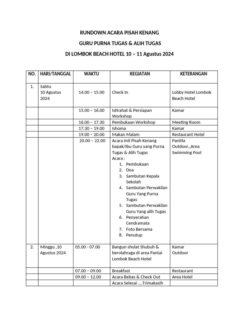 RUNDOWN ACARA Lombok Beach Hotel | PDF