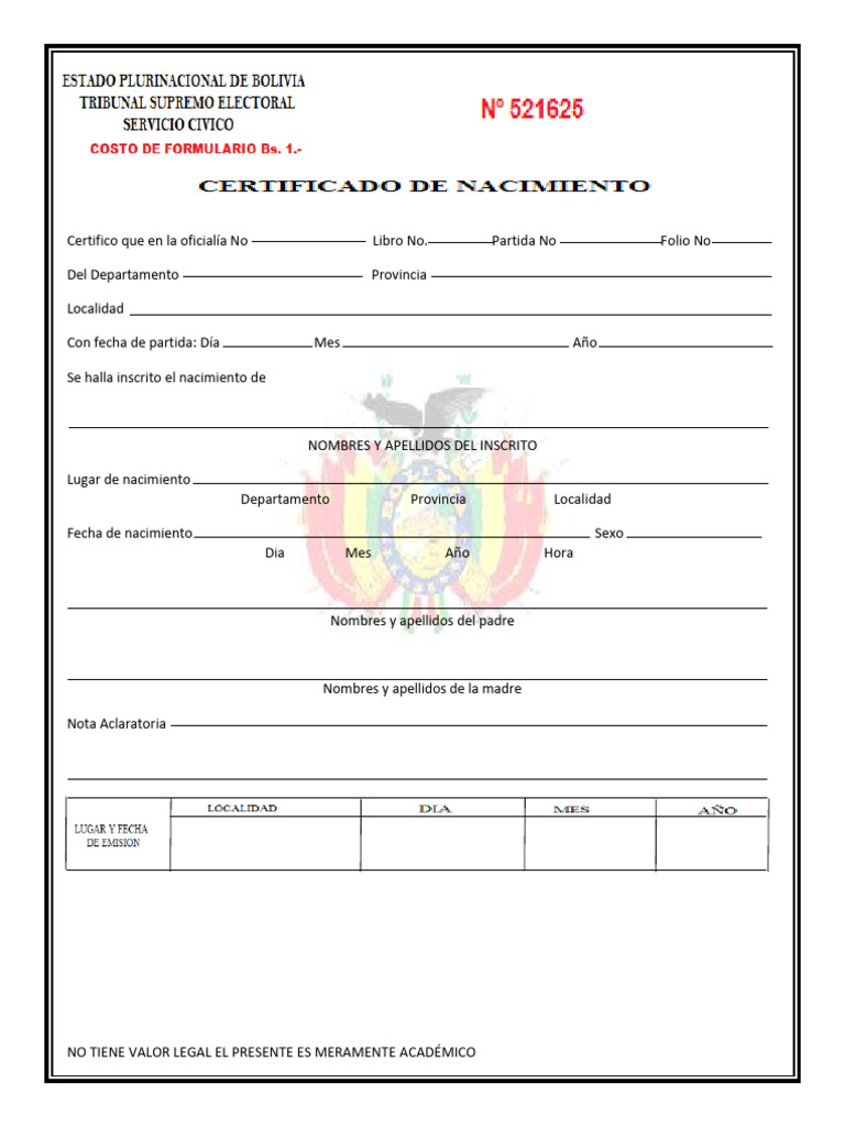 Modelo Actual de Certificados de Nacimiento y Matrimonio Expedido en ...